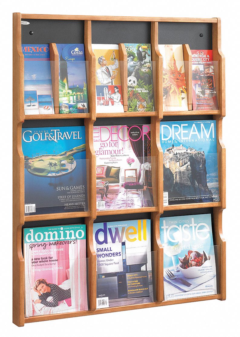 Magazine/Pamphlet Display, Medium Oak/Black, Wood/Plastic, 38 1/4 in ...