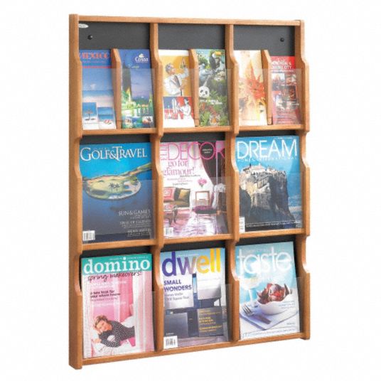 Magazine/Pamphlet Display, Medium Oak/Black, Wood/Plastic, 38 1/4 in ...