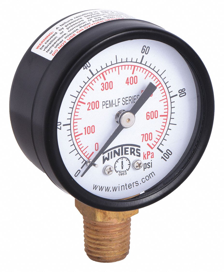 WINTERS, 0 psi to 100 psi, 2 in Dial, Lead-Free Pressure Gauge - 20JN22 ...