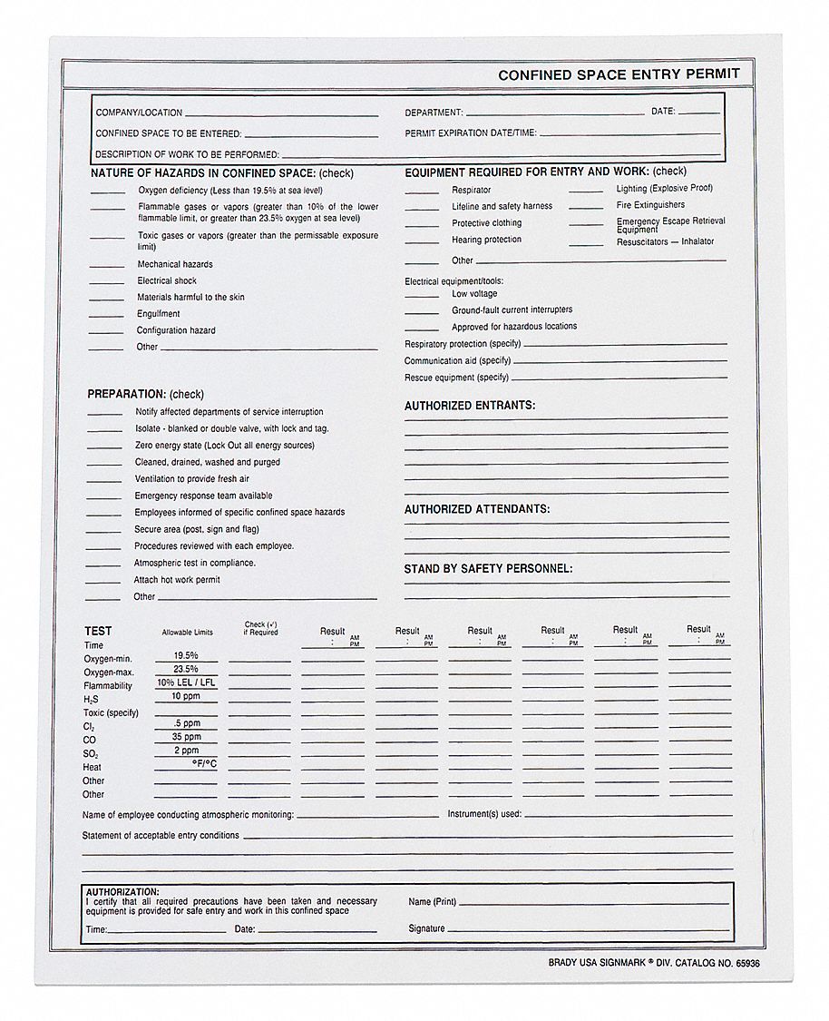BRADY Confined Space Entry Permits, Paper, PK 25 - 20RX94|65936 - Grainger
