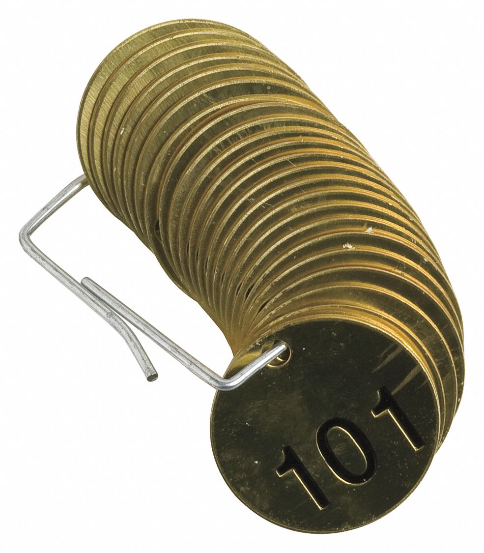 BRADY Numbered Tag Set: Brass, 1 1/2 in Dia, 101-125, Brass, 0.04 in ...