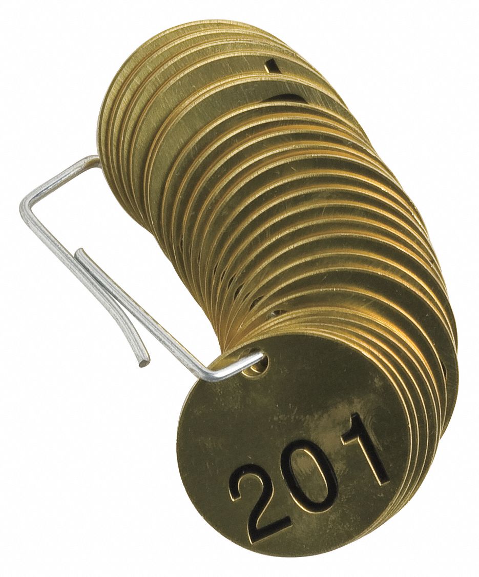 BRADY Numbered Tag Set: Brass, 1 1/2 in Dia, 201-225, Brass, 0.04 in ...