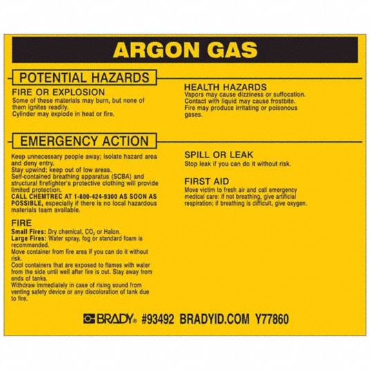 Argon Gas, 3 3/4 in Ht, Label - 20TH60|93492 - Grainger
