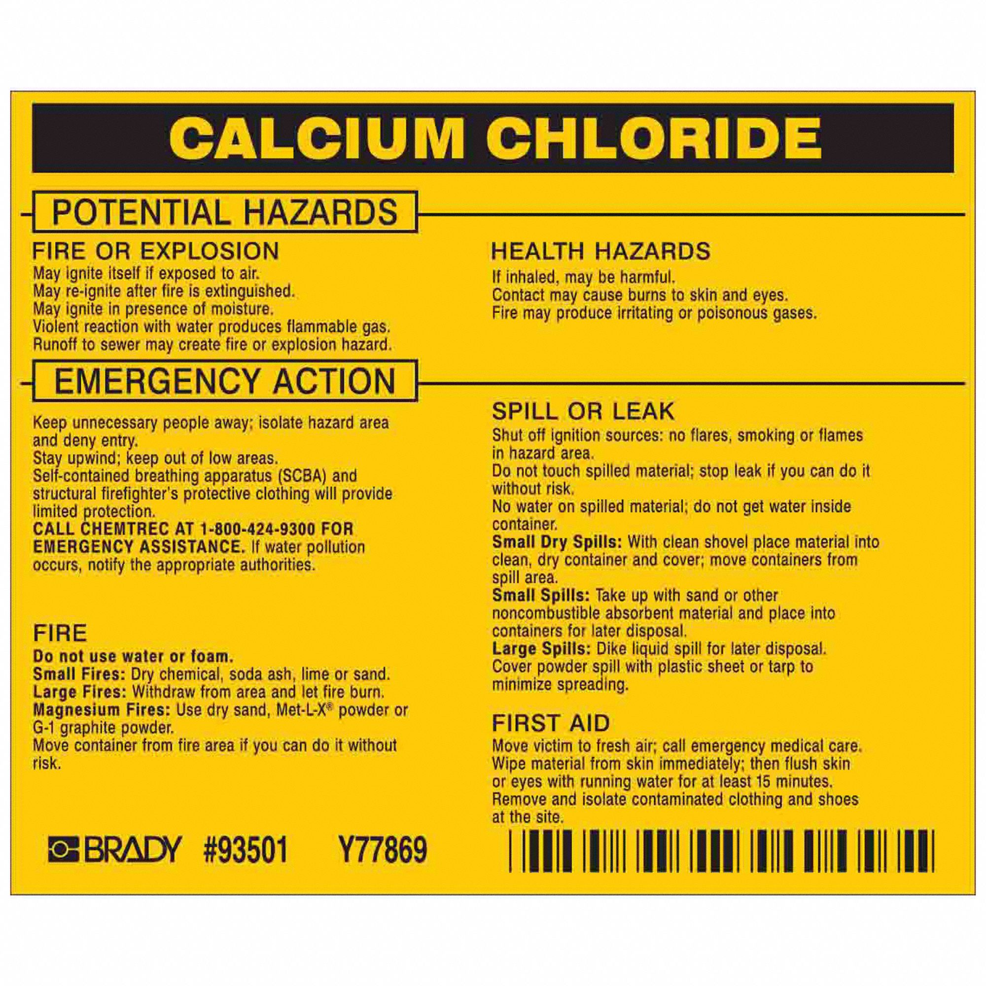 Calcium Chloride, 3 3/4 in Ht, NFPA Label - 20TH62|93501 - Grainger