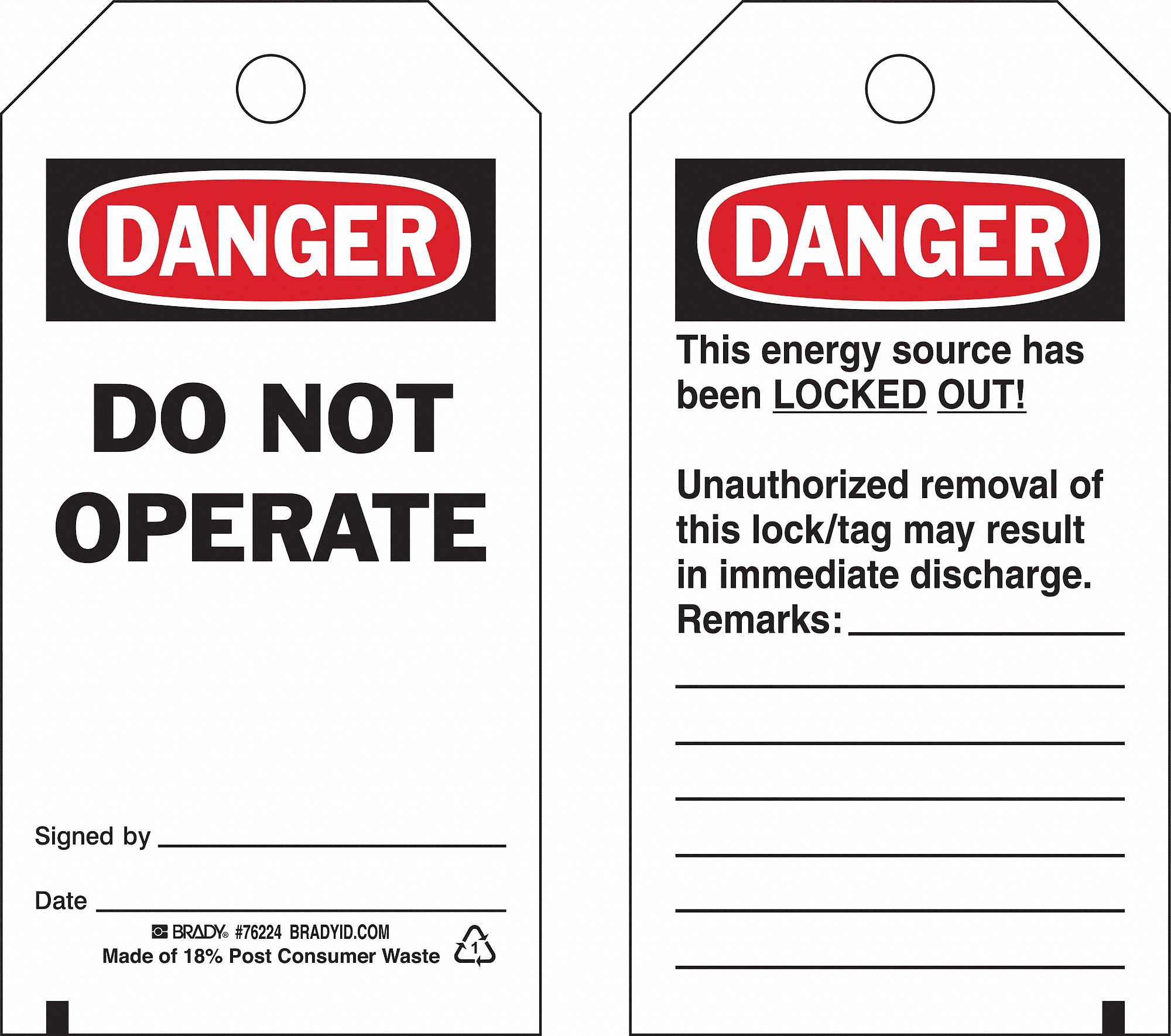 BRADY, Danger, Danger Do Not Operate, Danger Tag - 20TJ27|76224 - Grainger