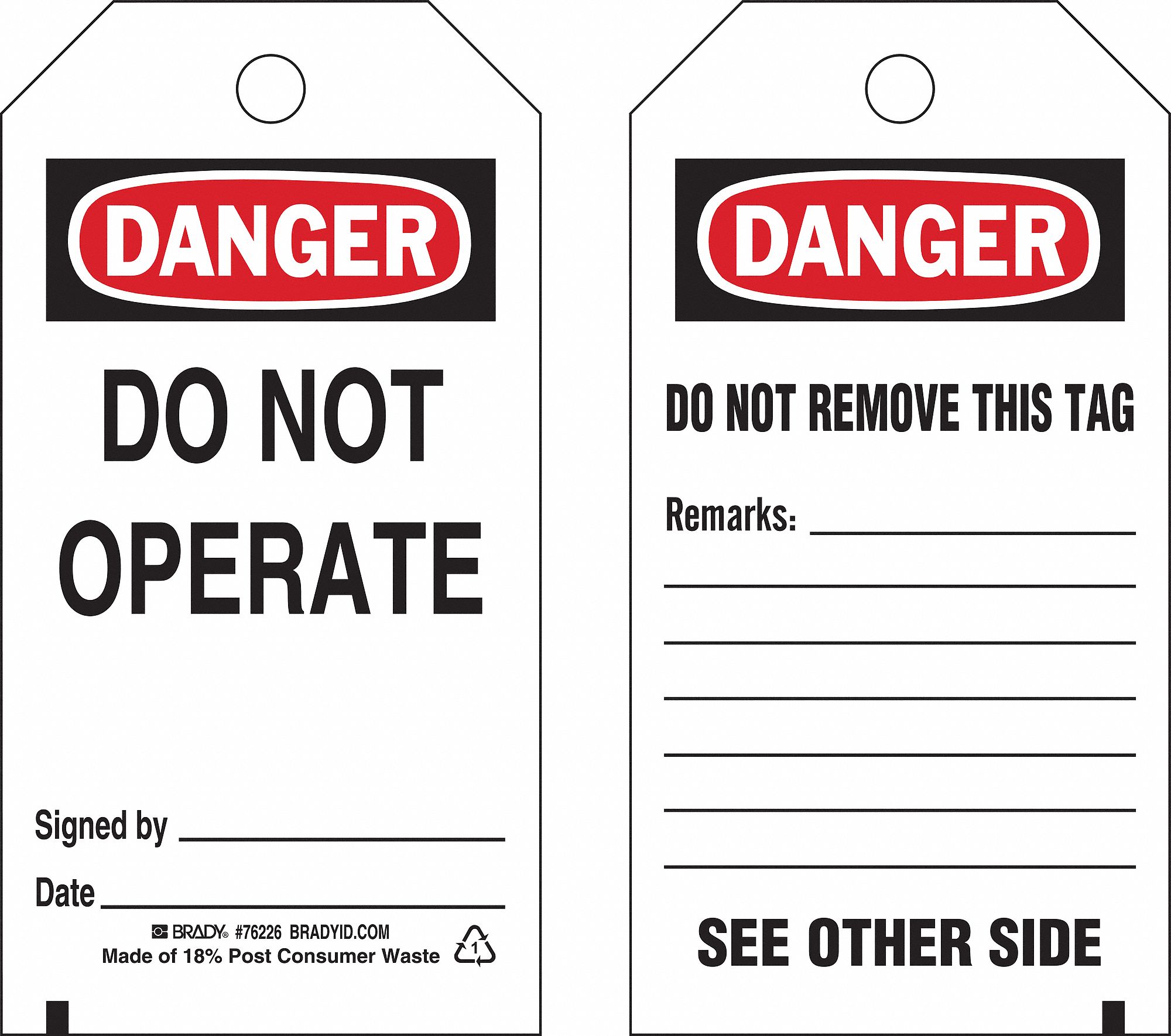 BRADY, Danger, Danger Do Not Operate, Danger Tag - 20TJ28|76226 - Grainger
