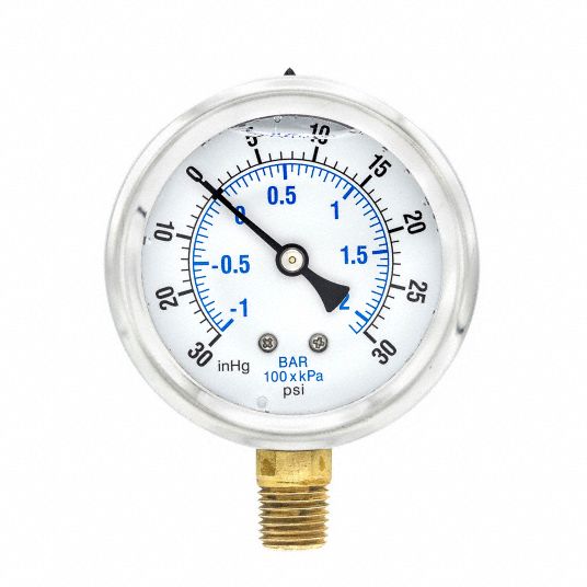 PIC GAUGES Industrial Compound Gauge: 30 to 0 to 30 in Hg/psi, 2 1/2 in Dial, Liquid-Filled ...