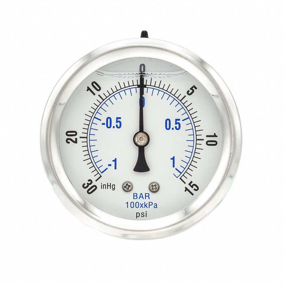PIC GAUGES Industrial Compound Gauge: 30 to 0 to 15 in Hg/psi, 2 1/2 in Dial, Liquid-Filled ...