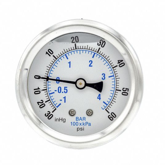 PIC GAUGES Industrial Compound Gauge: 30 to 0 to 60 in Hg/psi, 2 1/2 in Dial, Liquid-Filled ...