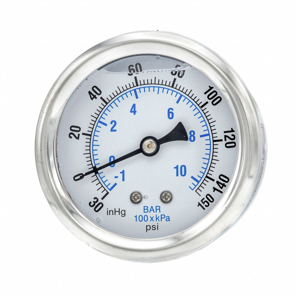 PIC GAUGES Industrial Compound Gauge: 30 to 0 to 150 in Hg/psi, 2 1/2 in Dial, Liquid-Filled ...