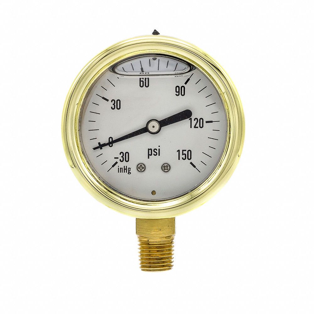 PIC GAUGES Industrial Compound Gauge: 30 to 0 to 150 in Hg/psi, 2 1/2 in Dial, Liquid-Filled ...