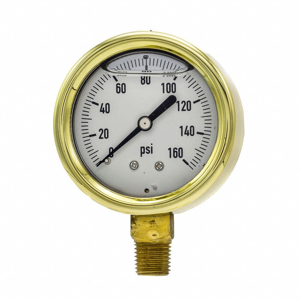 PIC GAUGES Industrial Pressure Gauge: 0 to 160 psi, 2 1/2 in Dial, Liquid-Filled, 1/4 in NPT ...