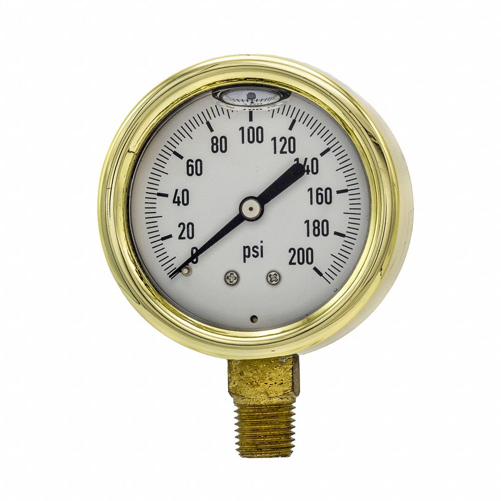 PIC GAUGES Industrial Pressure Gauge: 0 to 200 psi, 2 1/2 in Dial, Liquid-Filled, 1/4 in NPT ...