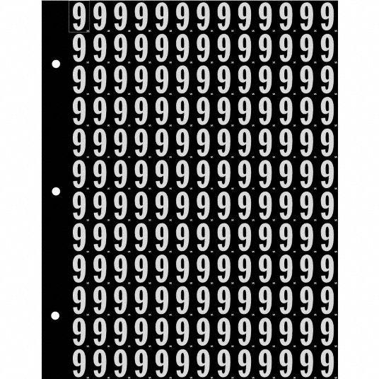 Number Label, 9, Silver/Black, 1" Character Height, 1 EA - Grainger