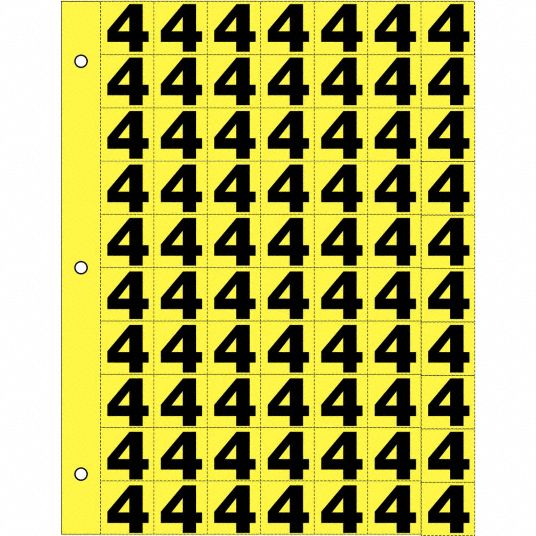 Number Label, 4, Black/Yellow, 1 in Character Height, 1 EA - Grainger