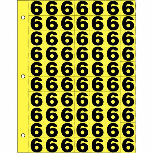 Number Label, 6, Black/Yellow, 1 in Character Height, 1 EA - Grainger