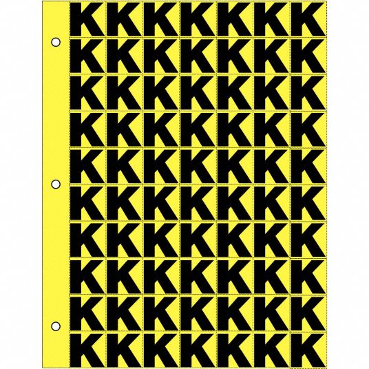 Letter Label, K, Black/Yellow, 1 in Character Height, 1 EA - Grainger