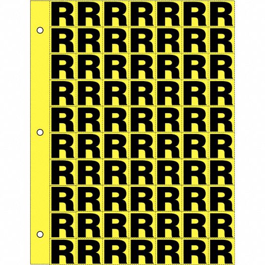 Letter Label, R, Black/Yellow, 1 in Character Height, 1 EA - Grainger