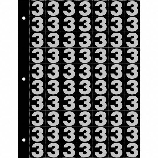 Number Label, 3, Silver/Black, 1 in Character Height, 1 EA - Grainger