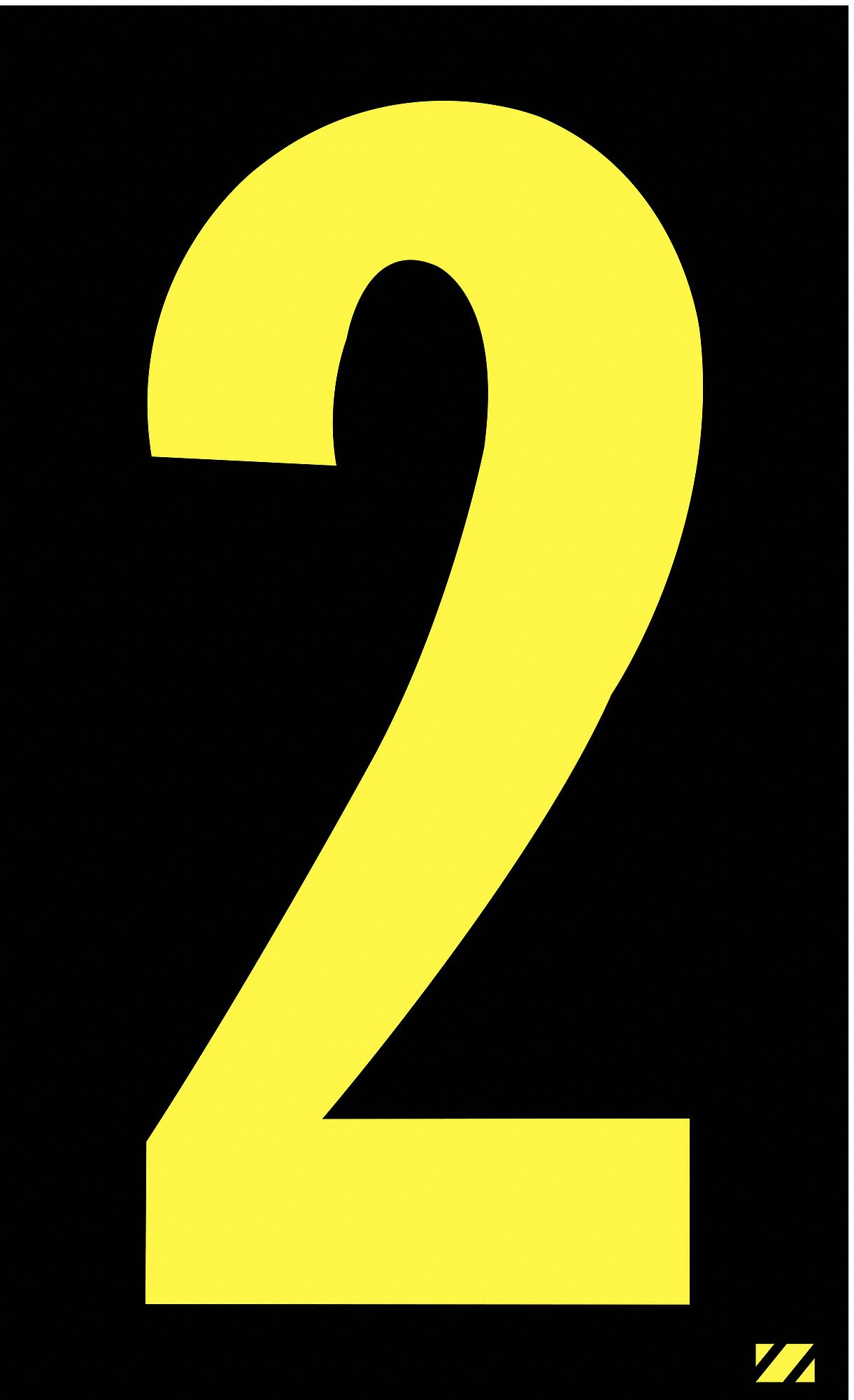 Number Label, 2, Yellow/Black, 2 1/2 in Character Height, 25 PK - Grainger