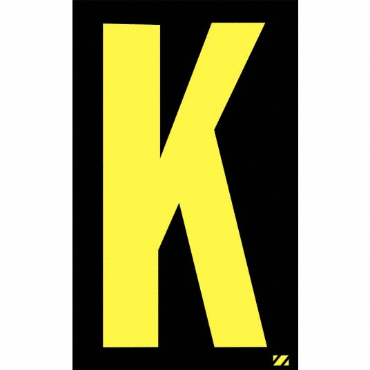 Letter Label, K, Yellow/Black, 2-1/2" Character Height, 25 PK - Grainger