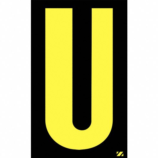 Letter Label, U, Yellow/Black, 2 1/2 in Character Height, 25 PK - Grainger