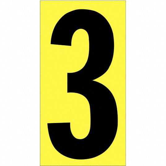 Number Label, 3, Black/Yellow, 3 in Character Height, 1 EA - Grainger