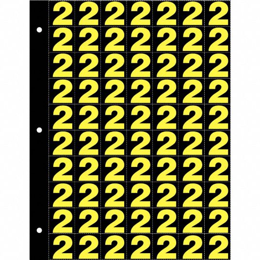 Number Label, 2, Yellow/Black, 1 in Character Height, 1 EA - Grainger