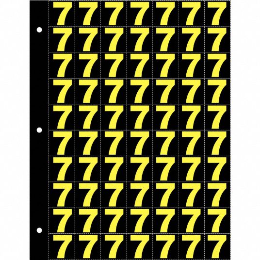 Number Label, 7, Yellow/Black, 1" Character Height, 1 EA - Grainger