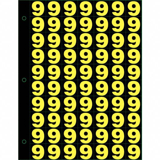 Number Label, 9, Yellow/Black, 1 in Character Height, 1 EA - Grainger