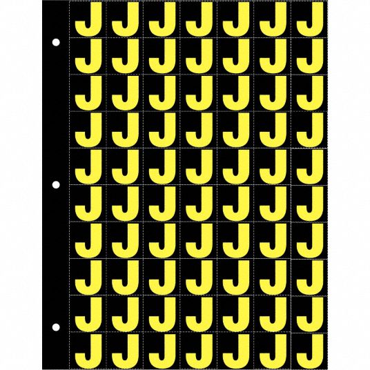 Letter Label, J, Yellow/Black, 1 in Character Height, 1 EA - Grainger
