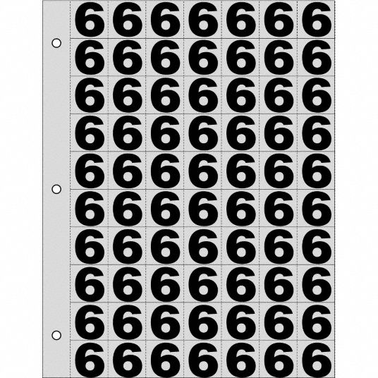 Number Label, 6, Black/Silver, 1 in Character Height, 1 EA - Grainger