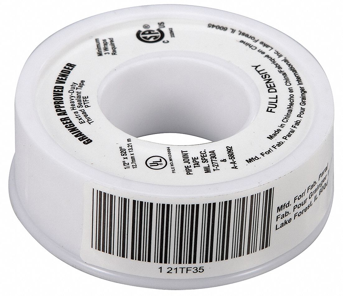 Thread Sealant Tape, PTFE, 1.2 to 1.5sg, 1/2 in Width, 520 in Length ...