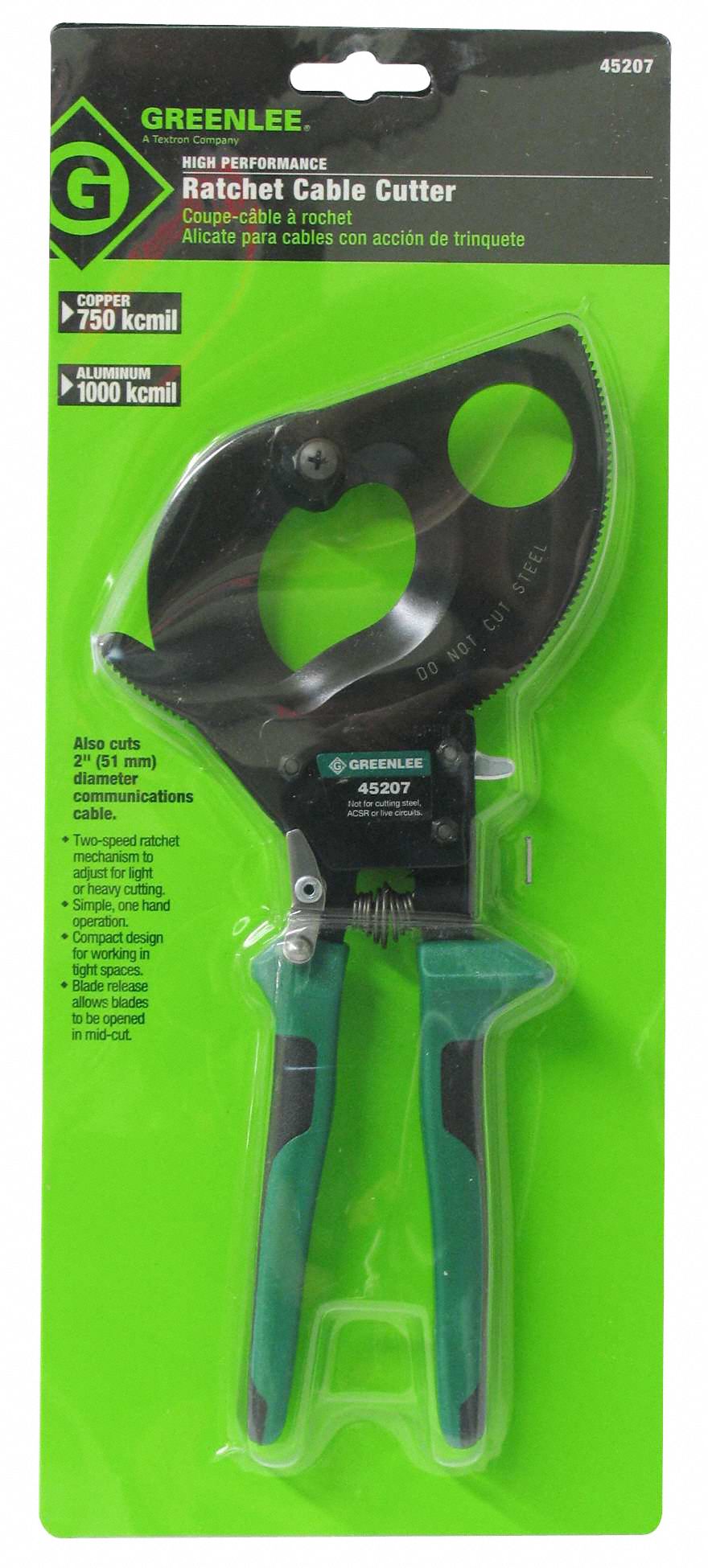 GREENLEE Ratchet Cable Cutter: Steel, Center, For 1,000 kcmil Max Dia ...