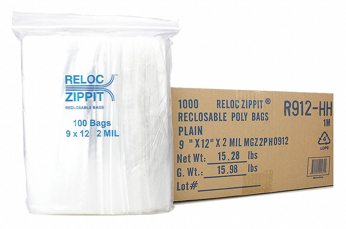 RELOC ZIPPIT, 2 mil Thick, 9 in Wd, Reclosable Bag - 227X29|R912-HH ...