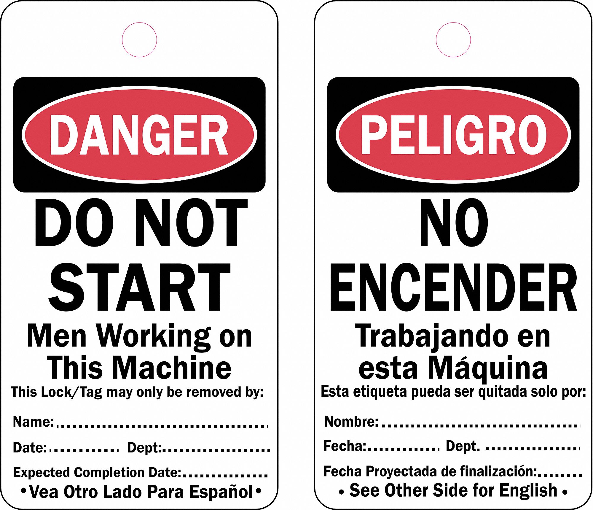 Danger Bilingual Tag, Cardstock, Do Not Start Men Working On This ...