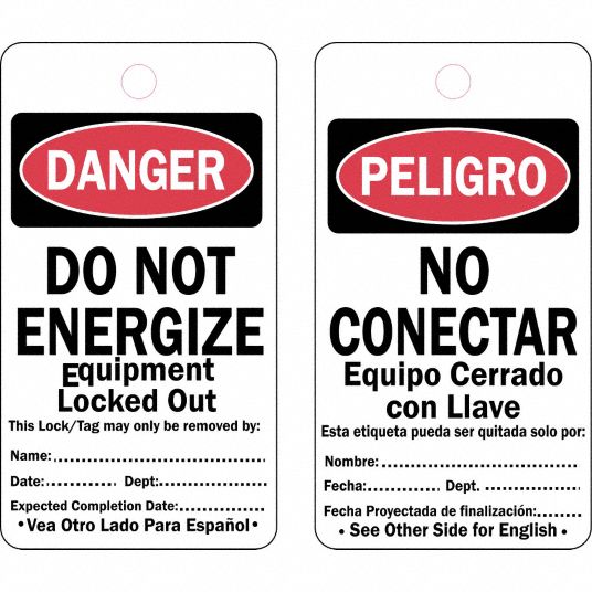 Danger Bilingual Tag, Cardstock, Do Not Energize Equipment Locked, 5-3/ ...