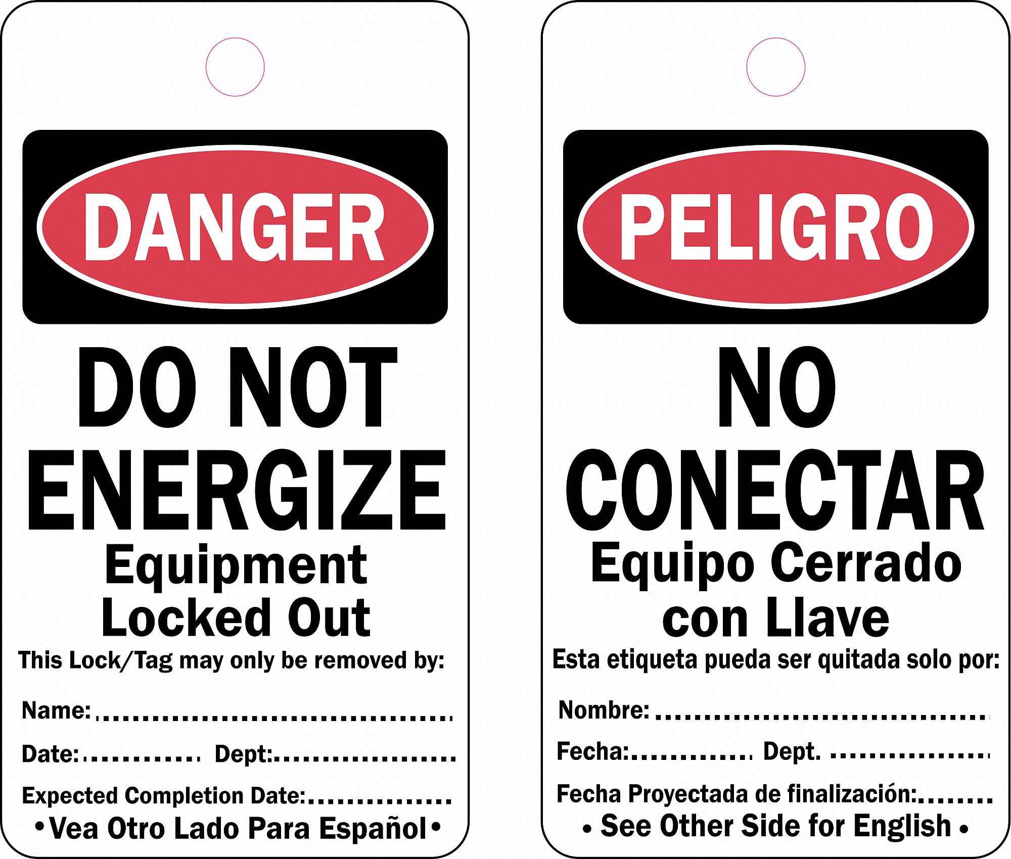 Danger Bilingual Tag, PVC, Do Not Energize Equipment Locked, 5-3/4" x 3 ...