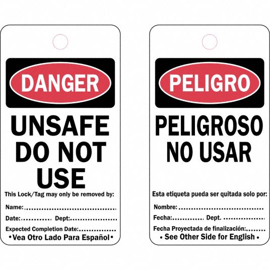 Danger Bilingual Tag, PVC, Unsafe Do Not Use, 5-3/4" x 3", 25 PK - Grainger