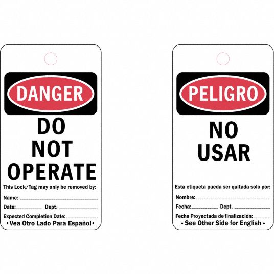 Danger Bilingual Tag, PVC, Do Not Operate, 5-3/4" x 3", 25 PK - Grainger