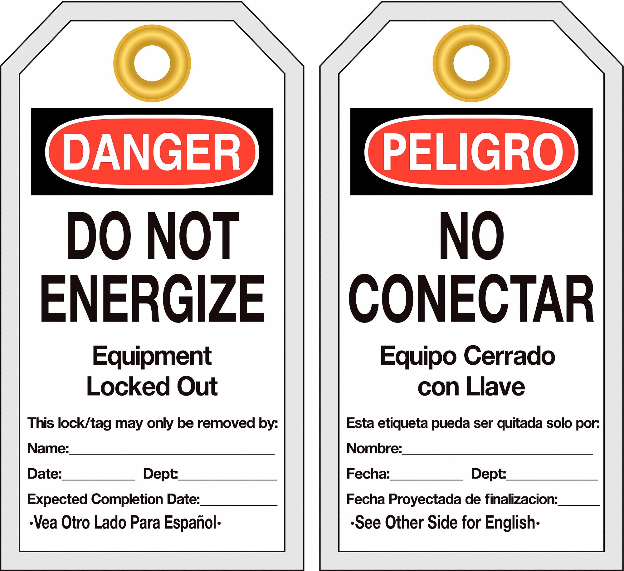 Danger Bilingual Tag, Polyester, Do Not Energize Equipment Locked Out ...