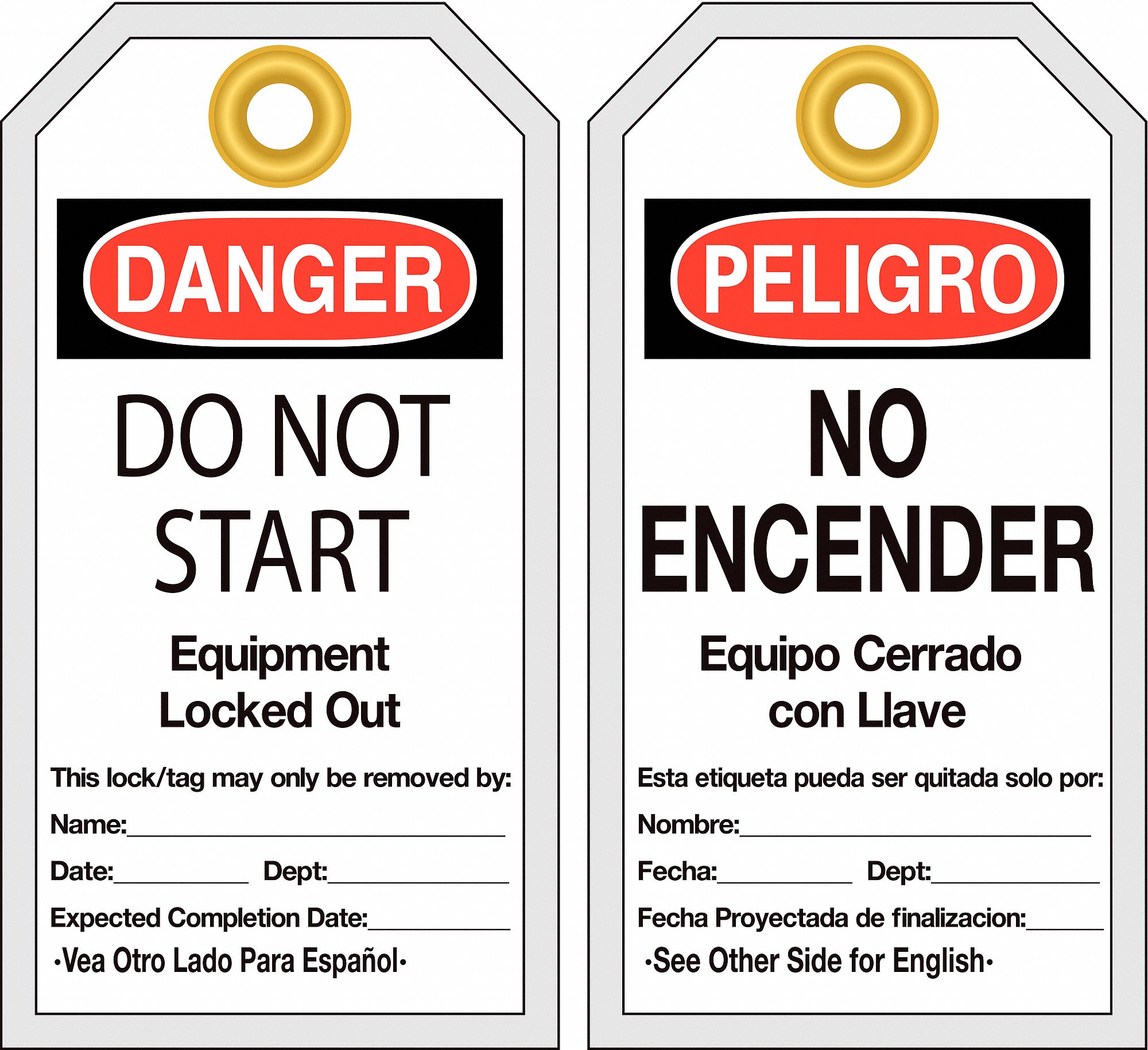 Danger Bilingual Tag, Polyester, Do Not Start Equipment Locked Out, 6 ...