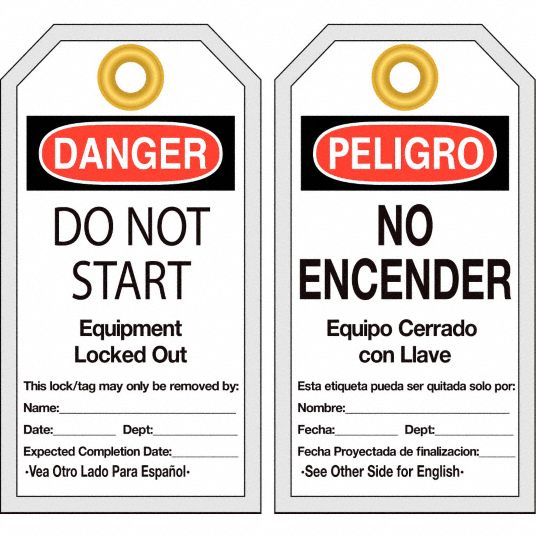 Danger Bilingual Tag, Polyester, Do Not Start Equipment Locked Out, 6 ...