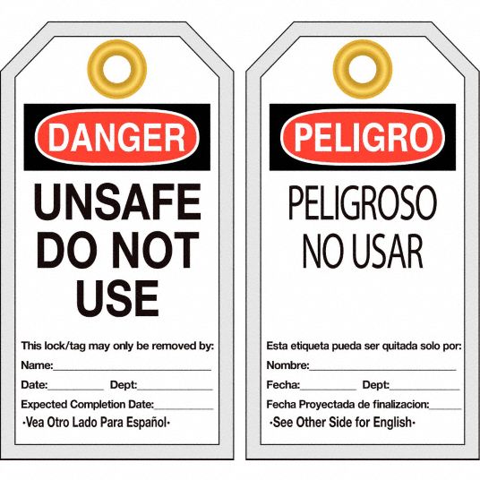 Danger Bilingual Tag, Polyester, Unsafe Do Not Use, 6" x 3-1/8", 25 PK ...