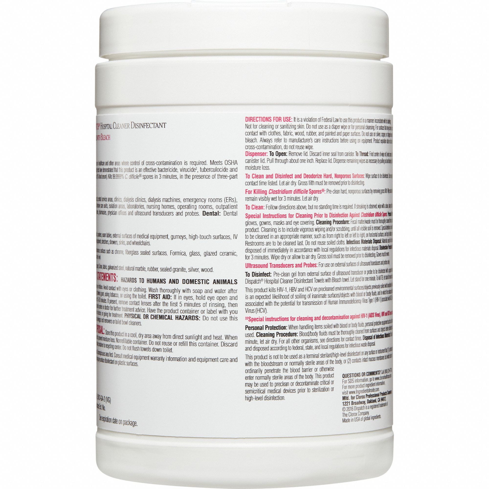 DISPATCH Disinfecting Wipes: Canister, 150 ct Container Size, Ready to ...