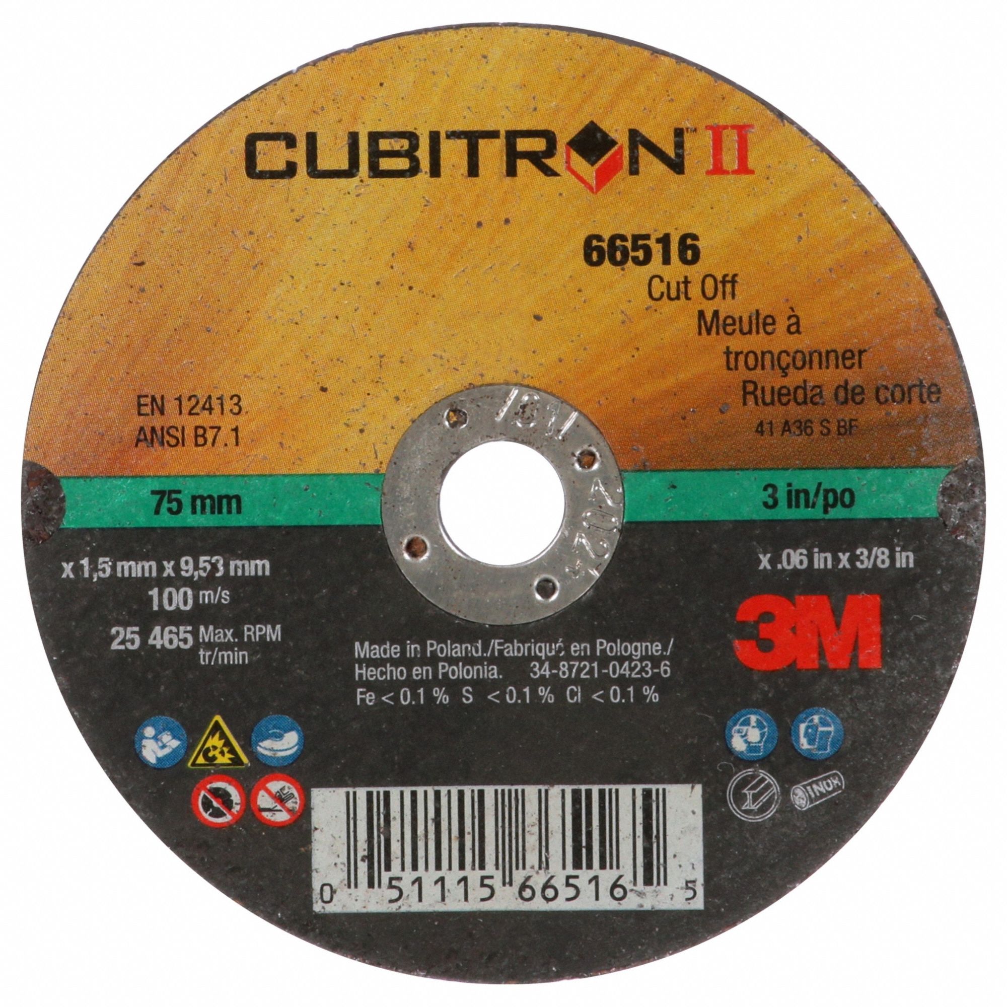 3M CUBITRON II, Type 1, 3" x 0.06" x 3/8", Abrasive Cut-Off Wheel ...