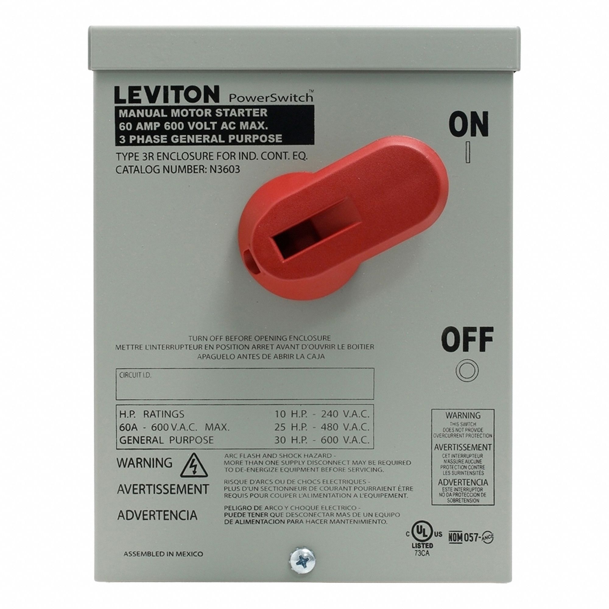 LEVITON, 3 Poles, 60 A, Manual Motor Controller - 879JM1|N3603 - Grainger