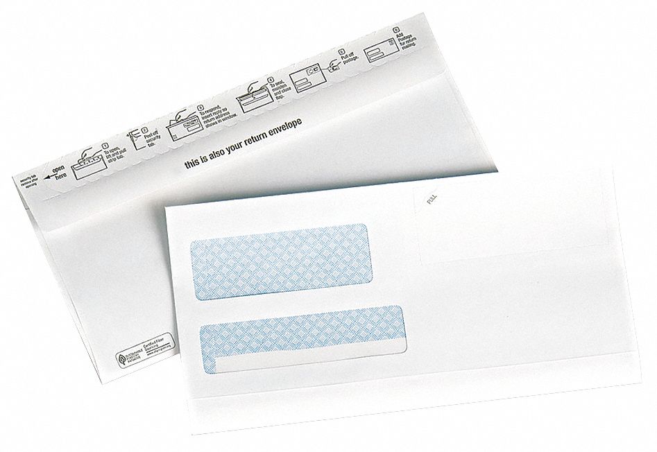 Double Window Envelope, Paper, White, PK 100 - Grainger