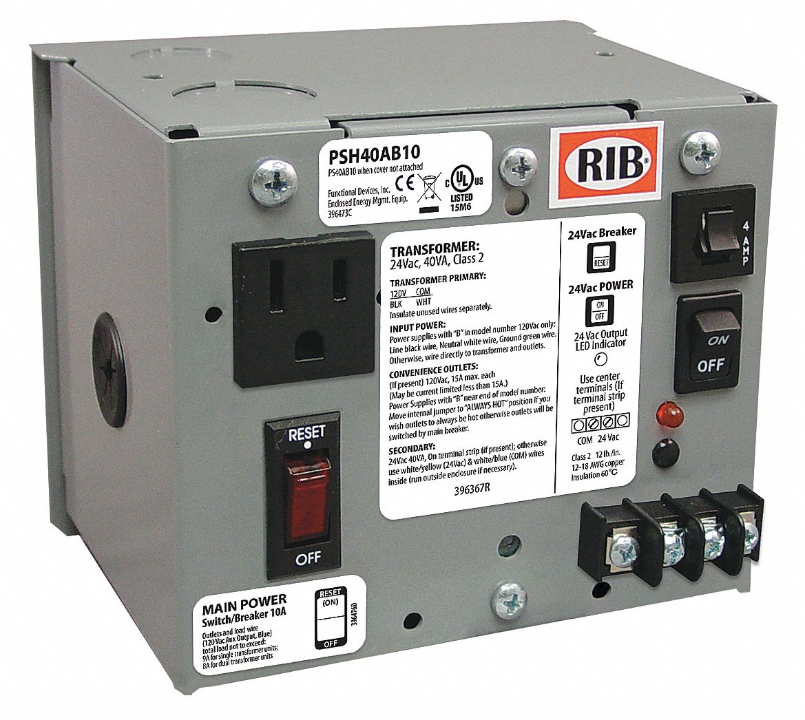 FUNCTIONAL DEVICES INC / RIB Class 2 Transformer, 40 VA Rating, 120VAC ...