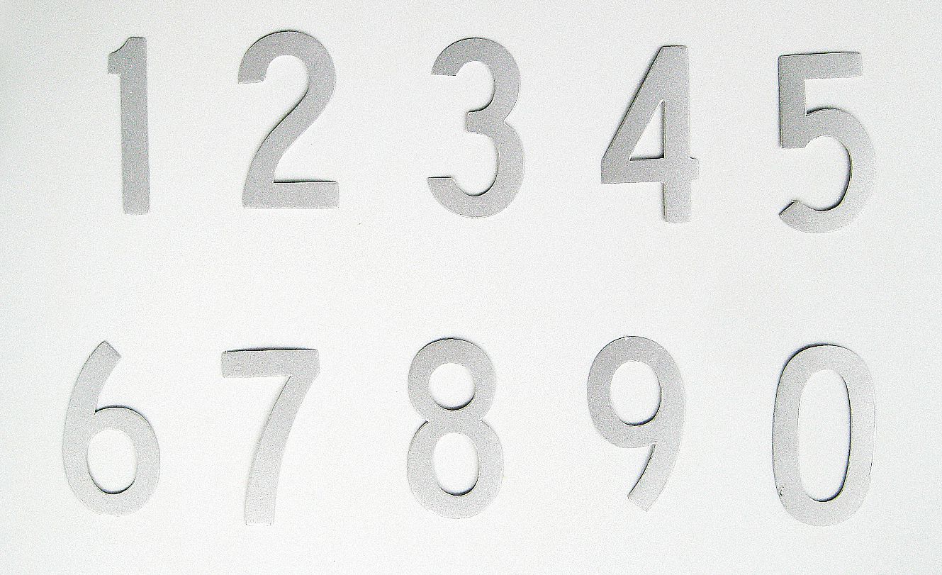 Number Kit, 0 Thru 9, Silver Gray, 4" Character Height, 1 EA - Grainger